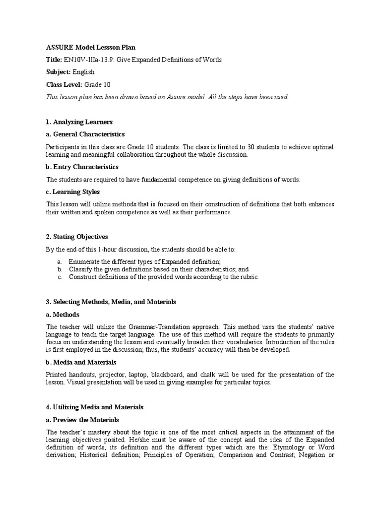 ASSURE Model Lessson Plan | PDF | Lesson Plan | Learning