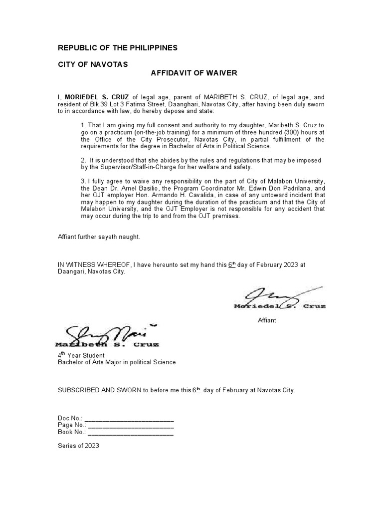 Cruz Maribeth S - Affidavit of Waiver | PDF