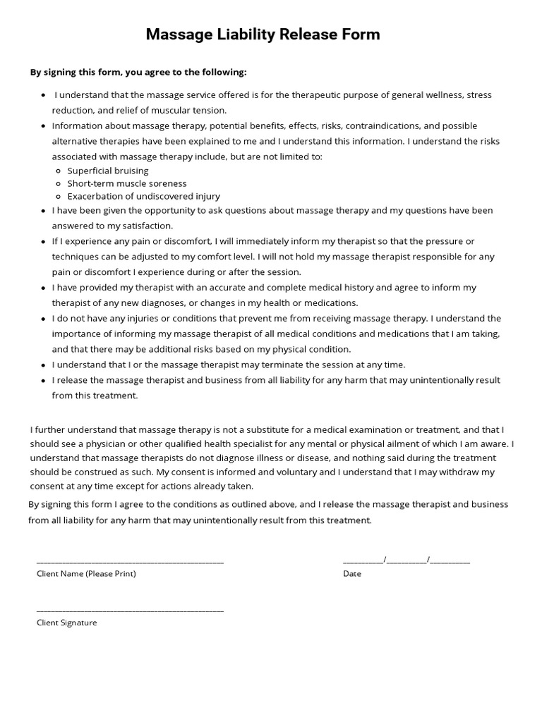 General Liability Release Form | Download Free PDF | Massage | Therapy