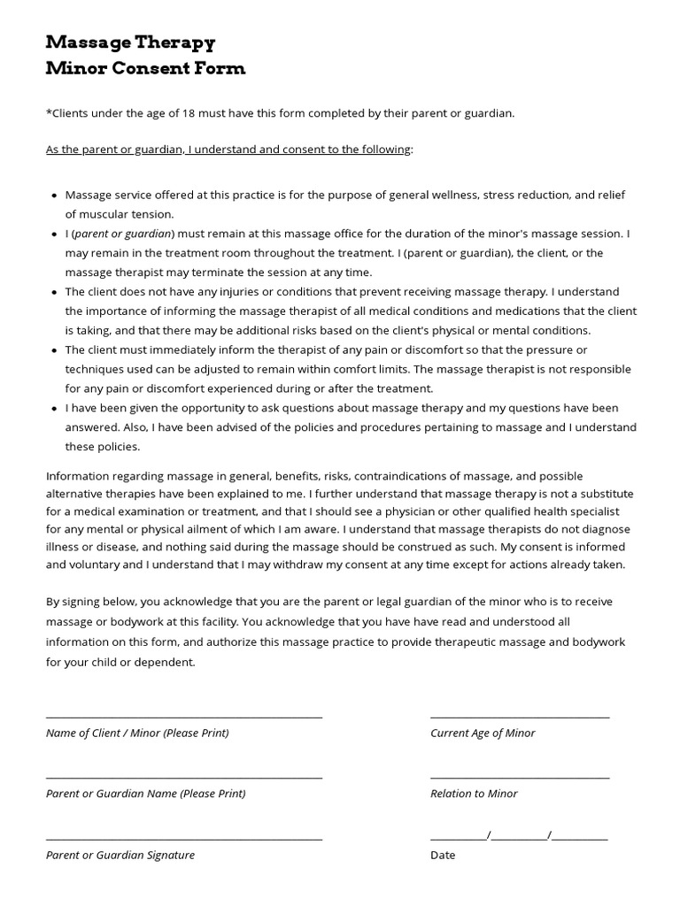Minor Consent Form | PDF | Massage | Informed Consent