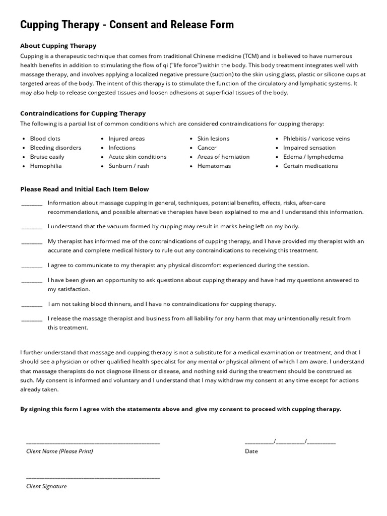 Cupping Consent and Release Form | PDF | Massage | Therapy