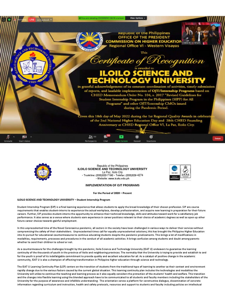 ISAT U Implementation of OJT Programs With Certificate | PDF | Internship | Job Hunting