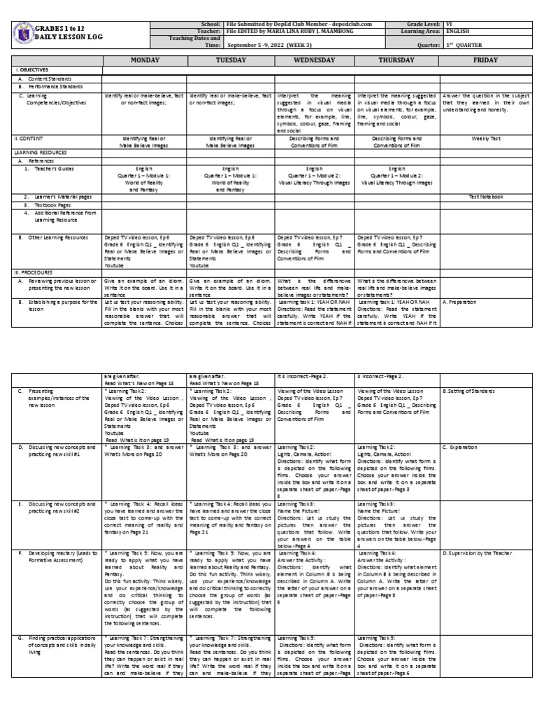 DLL - ENGLISH 6 - Q1September 5 To 9 Final | PDF | Learning | Critical Thinking
