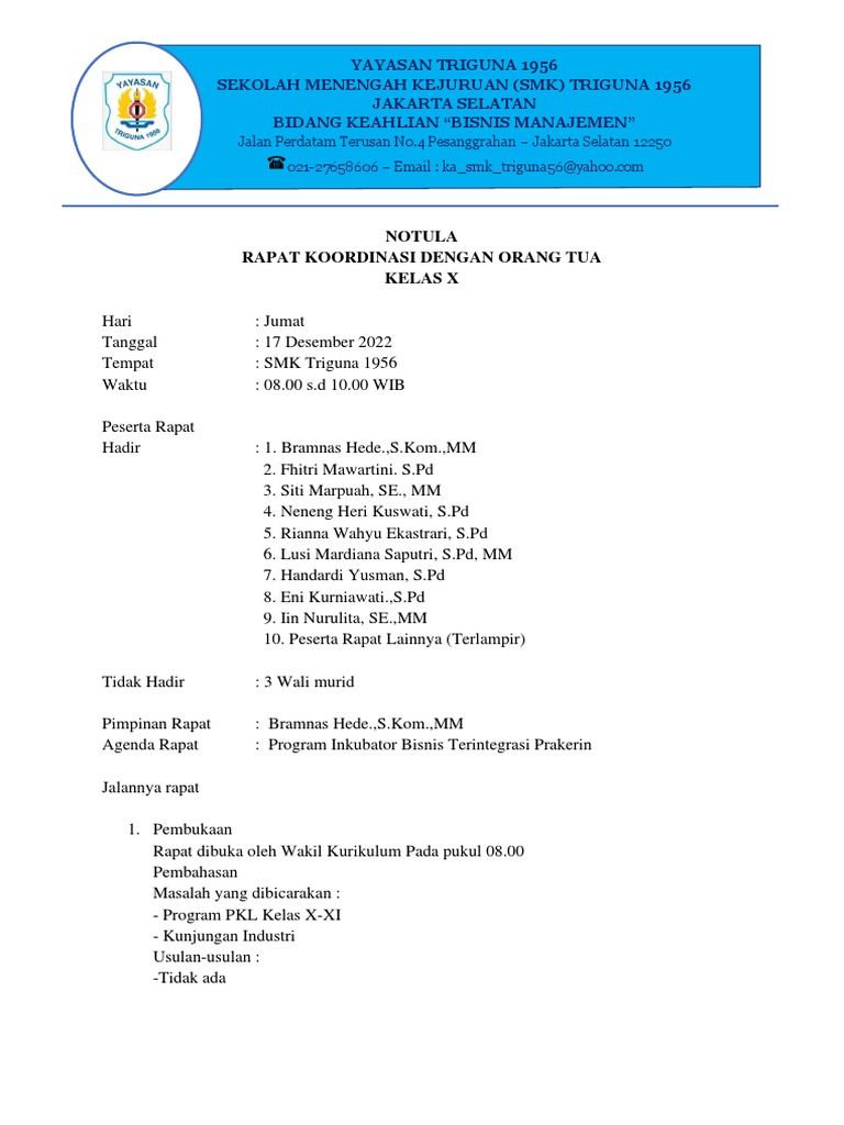 Notula Rapat Koordinasi Dengan Orang Tua Kelas X | PDF | Karier ...