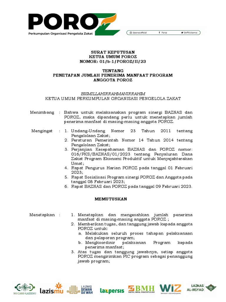 Surat Keputusan Ketum Poroz Tentang Jumlah Penerima Manfaat | PDF