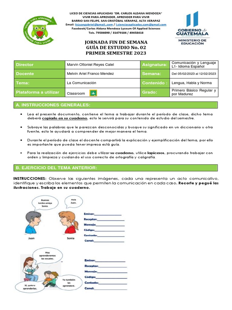 Guía de Estudio No. 2 - Comunicación y Lenguaje L1 - Español | PDF ...