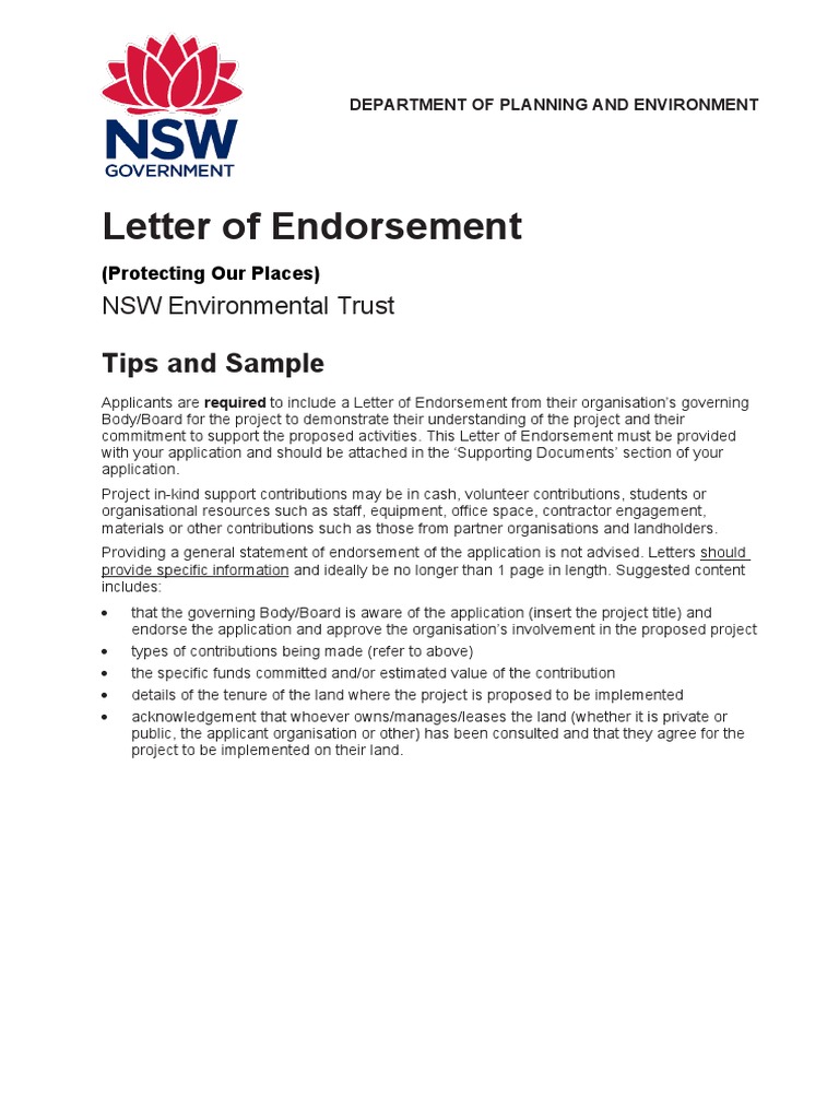 Protecting Our Places Program Sample Letter Endorsement 220098 | PDF ...