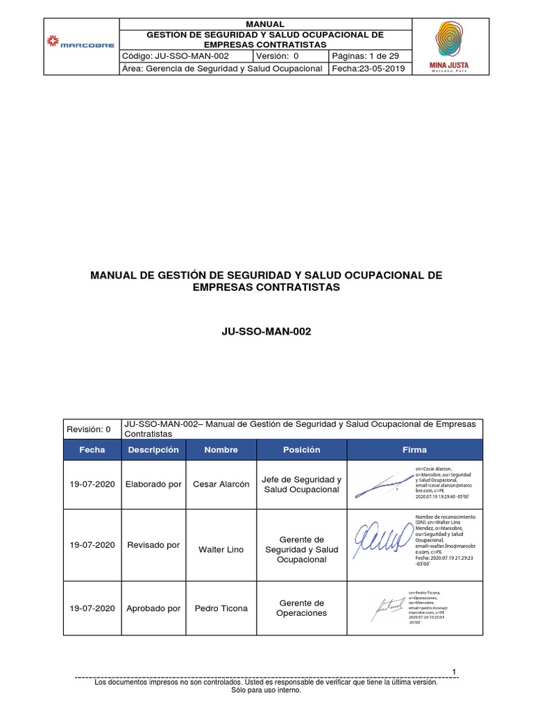 Ju-sso-man-002 Manual de Gsso Eecc Rev0 | PDF | Seguridad y salud ...