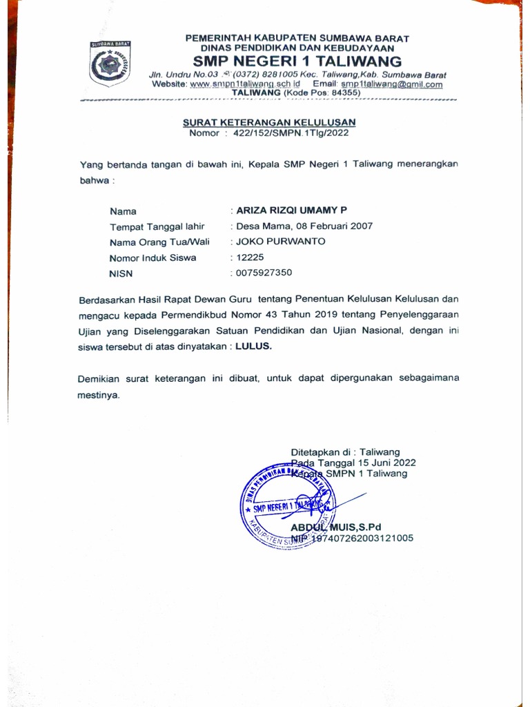 Surat Keterangan Kelulusan | PDF Surat Keterangan Kelulusan | PDF