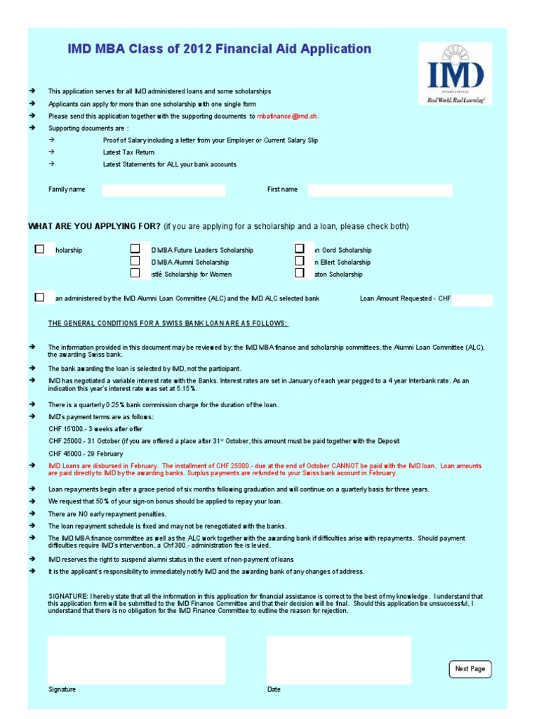 IMD MBA 2012 Financial Aid Form | PDF | Expense | Deposit Account