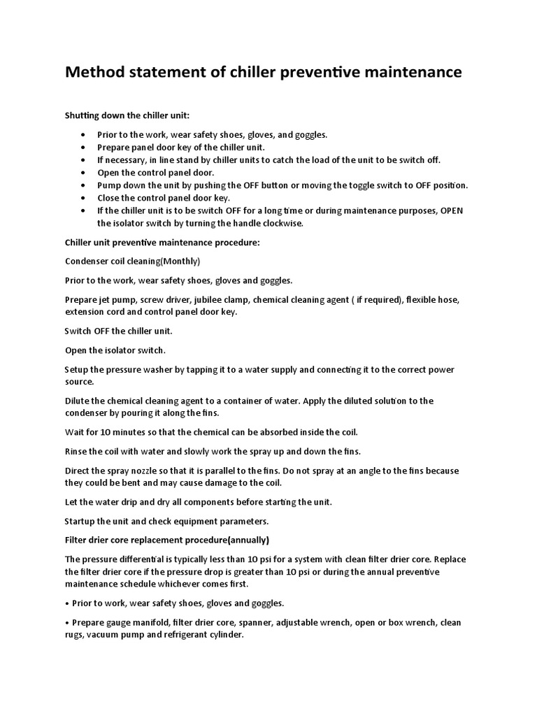 Method Statement of Chiller Preventive Maintenance | PDF | Pump | Valve