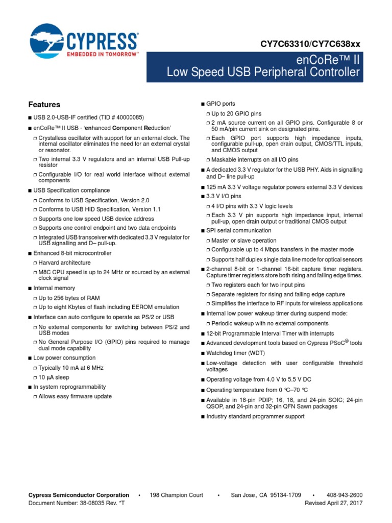 Infineon-CY7C63310 CY7C638xx EnCoRe II Low Speed USB Peripheral Controller-DataSheet-V21 00-En ...
