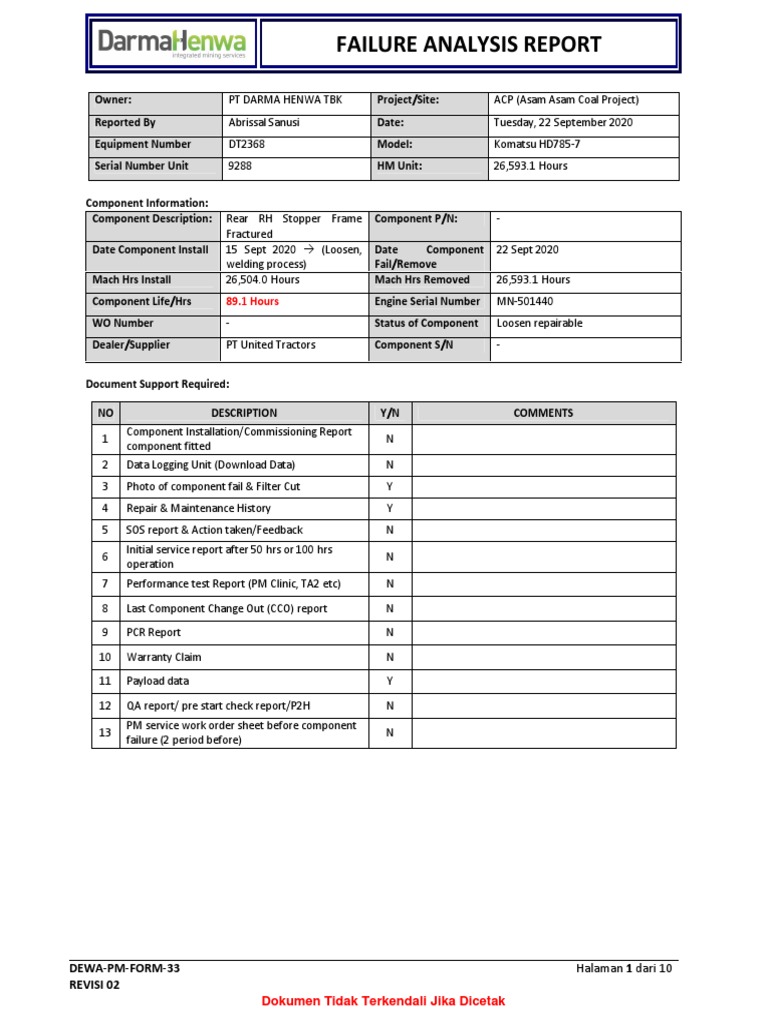 Failure Analysis Report DT2368 Stopper Frame Loose | PDF | Failure Analysis | Applied And ...