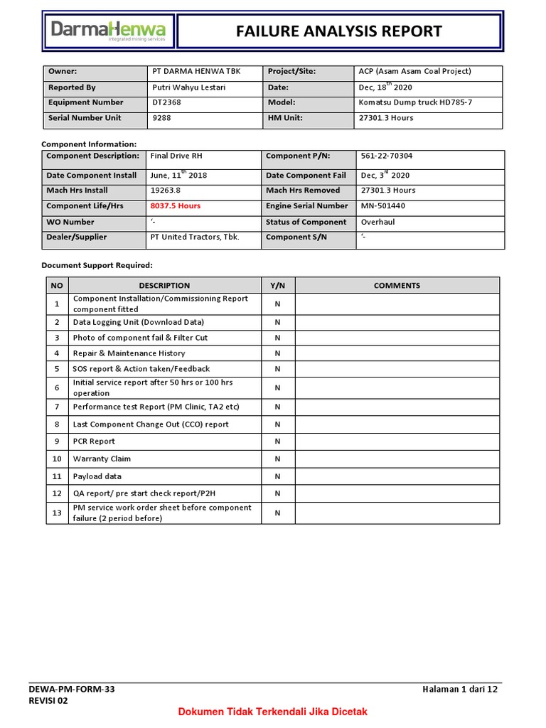 Final Drive RH Failure Analysis Report | PDF