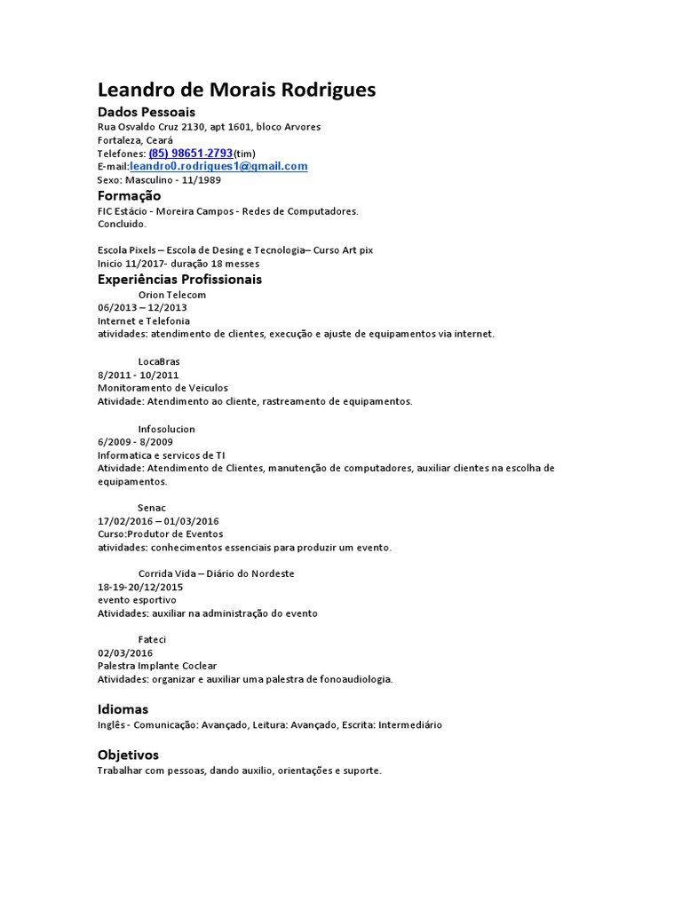 Curriculo Leandro de Morais Rodrigues Base | PDF