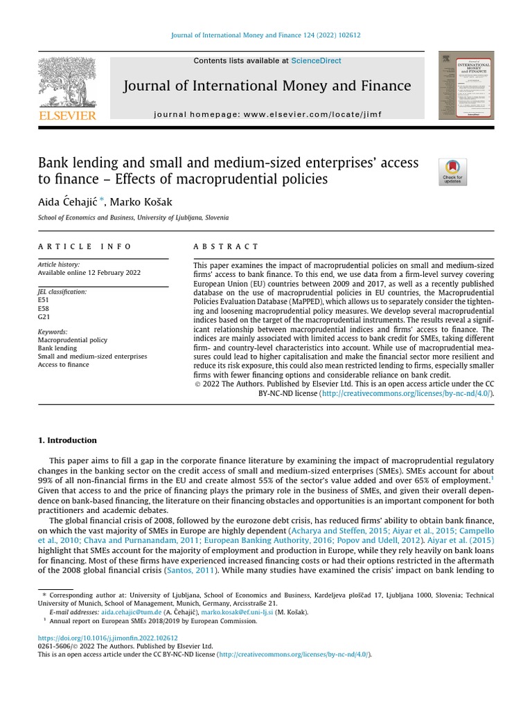 Bank Lending and Small and Medium Sized Enterprises - 2022 - Journal of ...