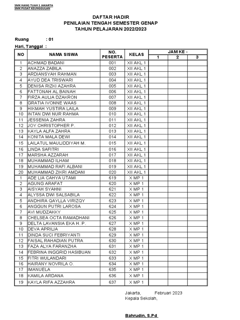 Absensi PTS Genap 2022-2023 | PDF