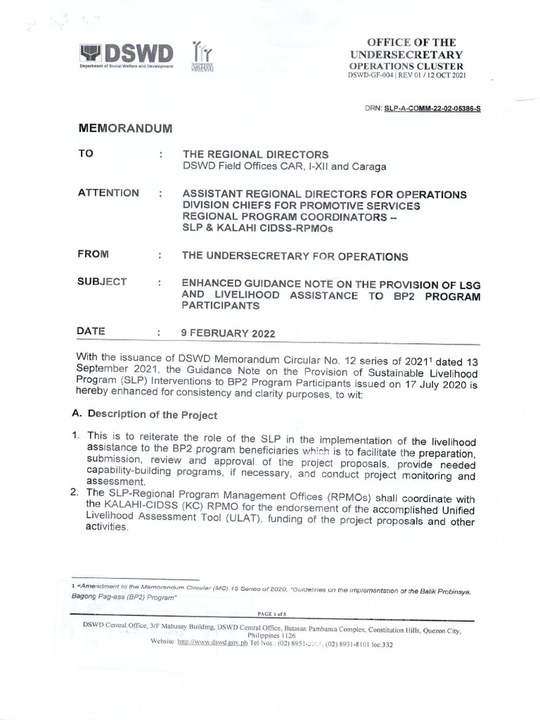 4 - Enhanced Guidance Note On The Provision of LSG and Livelihood Assistance To BP2 Program ...