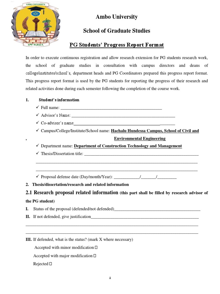 Ambo PG Students Progress Report Format | PDF | Thesis