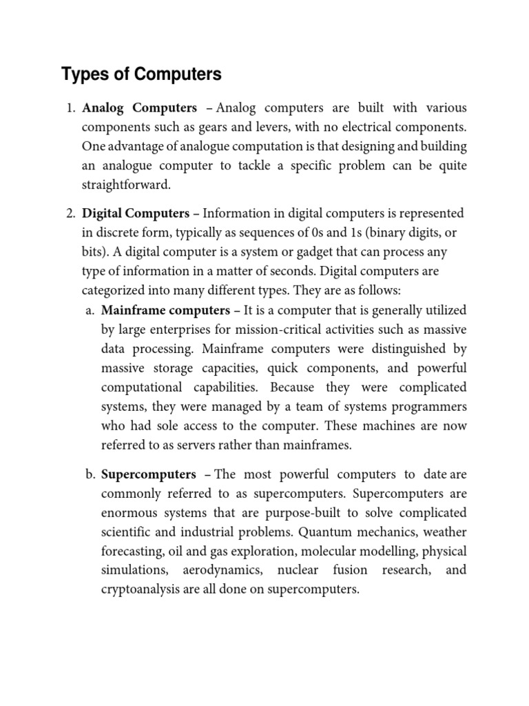 Types of Computers | PDF | Microprocessor | Microcomputers Types of Computers | PDF | Microprocessor | Microcomputers