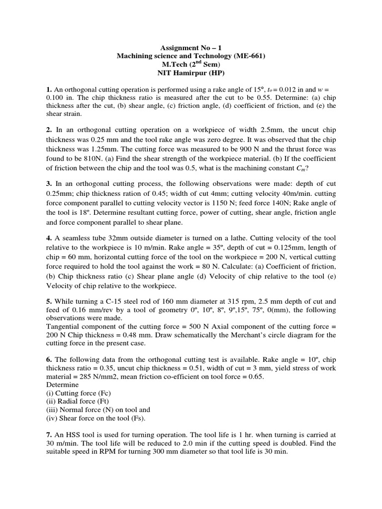 Assignment No1 | PDF | Machining | Force
