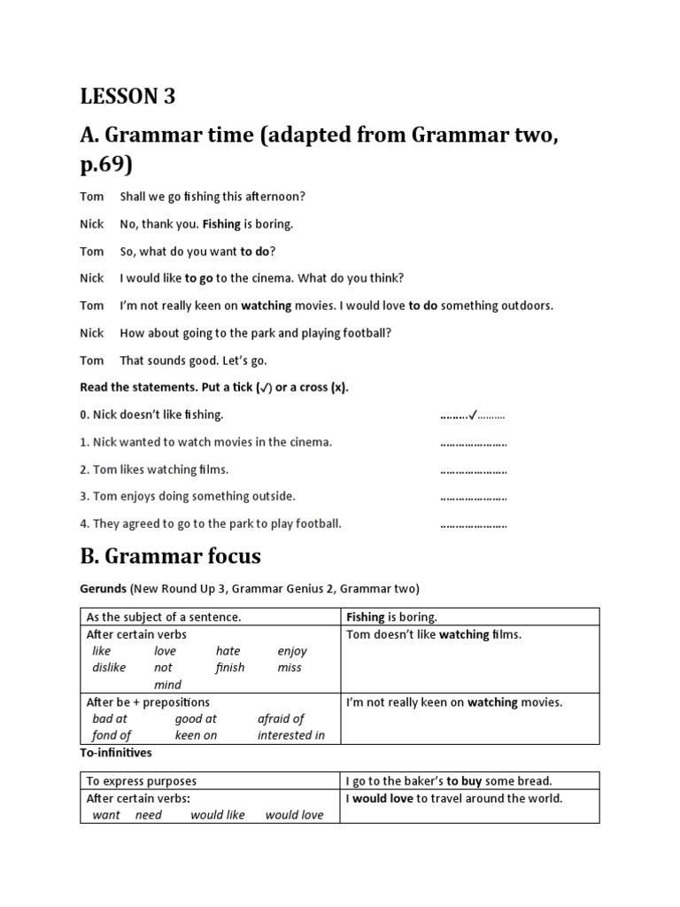 Lesson 3 A. Grammar Time (Adapted From Grammar Two, p.69) : Read The ...