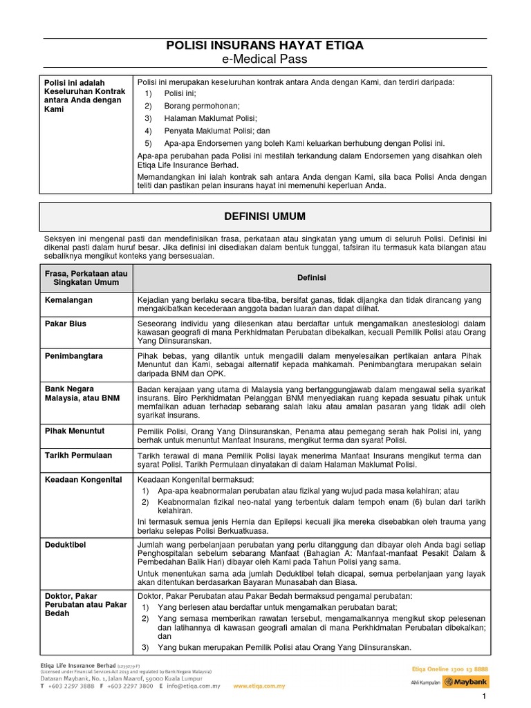 Polisi Insurans E-Medical Pass | PDF