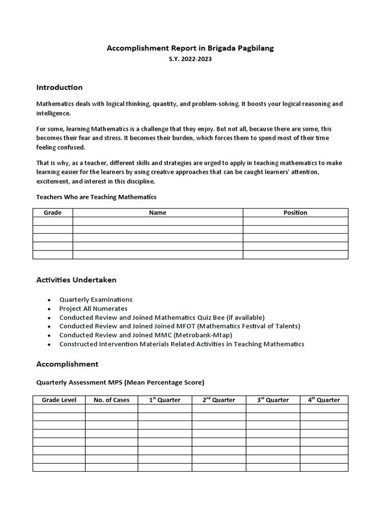 Accomplishment Report Brigada Pagbilang | PDF | Learning | Teachers