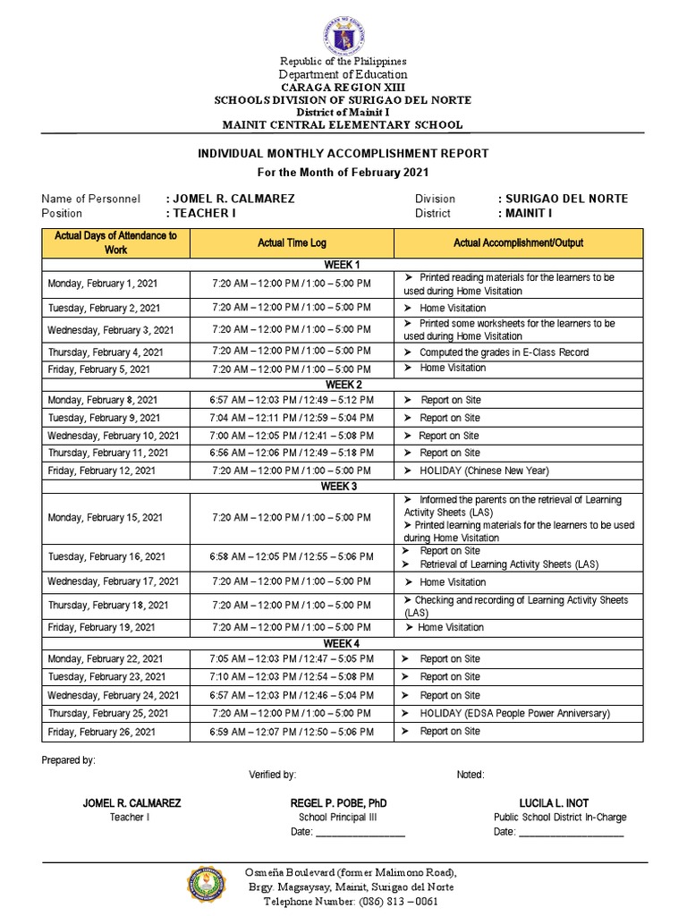 February Individual Workweek Accomplishment Plan 2021 | PDF