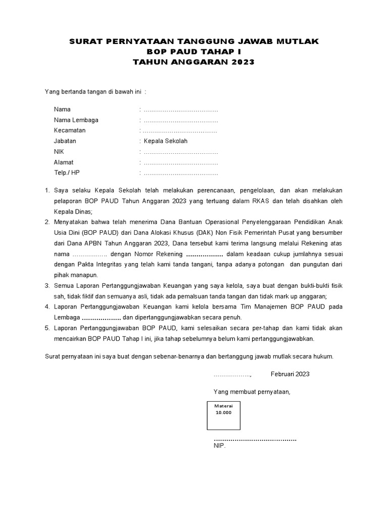Surat Pernyataan Tanggung Jawab Mutlak Kepala Sekolah atas Pengelolaan Dana BOP PAUD Tahun ...