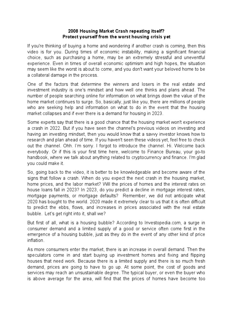 Script - US Real Estate, Housing Crash | PDF | Economic Bubble ...