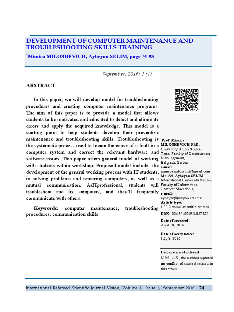 Developing a Model for Teaching Computer Maintenance and Troubleshooting Skills to Students ...