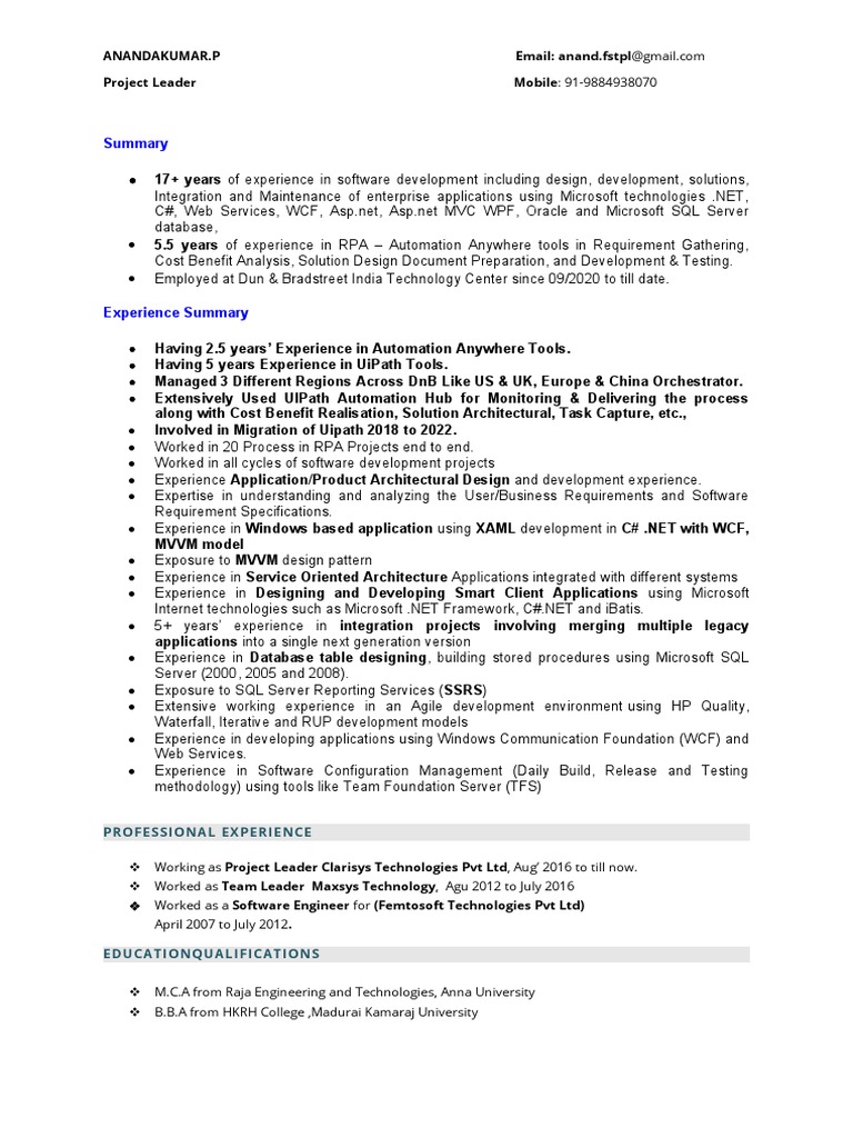 Project Leader Resume | PDF | Service Oriented Architecture | Microsoft ...