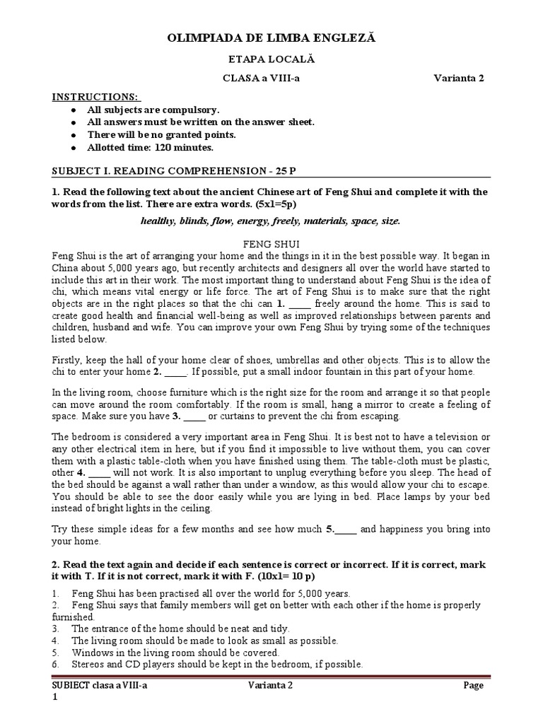 Olimpiada Engleza Clasa 8 | PDF | Feng Shui | Bed