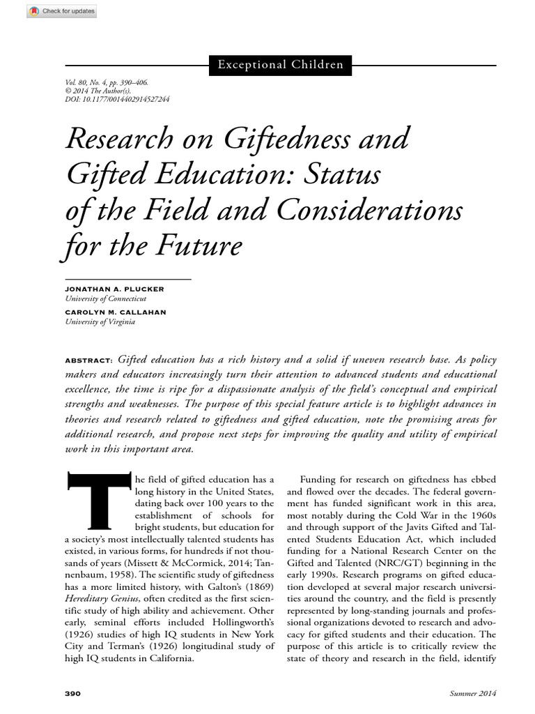 Plucker and Callahan 2014 | PDF | Intellectual Giftedness | Gifted ...
