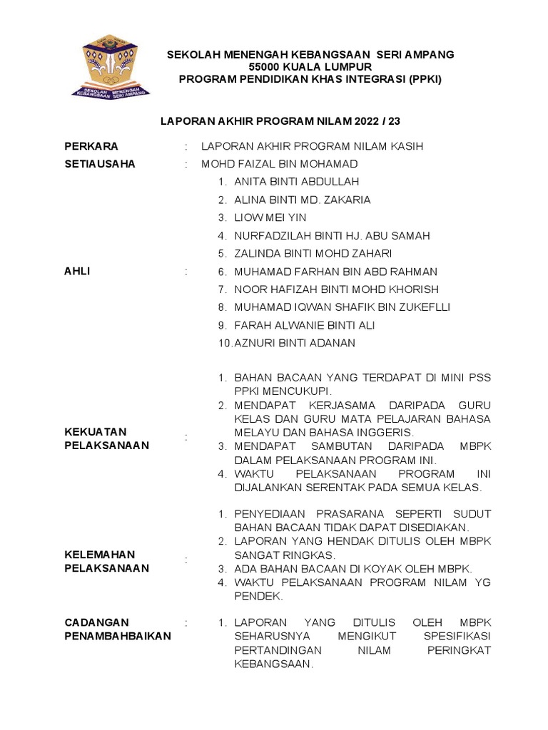 Laporan Akhir Program Nilam Kasih | PDF