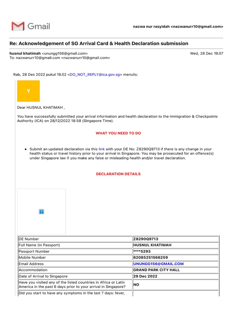 Re Acknowledgement of SG Arrival Card & Health Declaration Submission | PDF