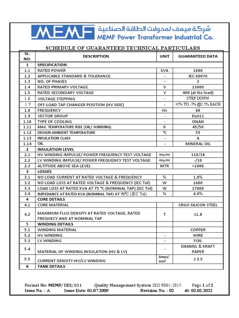 Data Sheet - 1600kVA | PDF | Transformer | Electrical Components