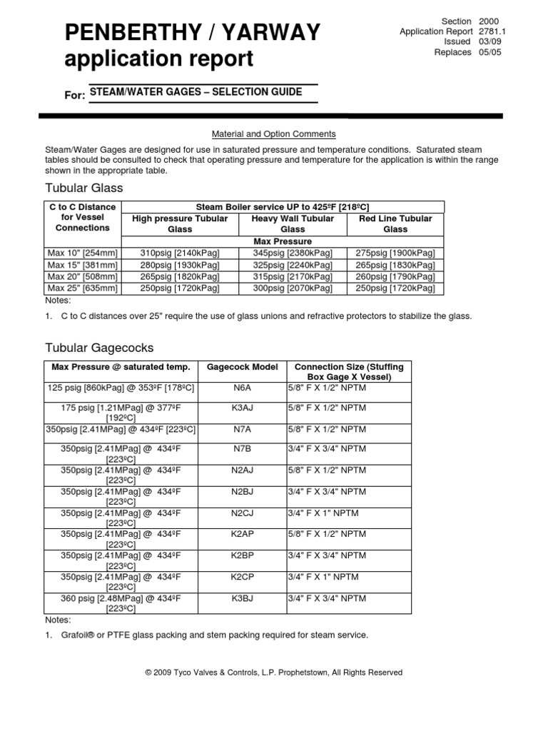 APP - 2781 03-09 - Penberthy Steam-Water Gages - Selection Guide | PDF | Steam | Glasses