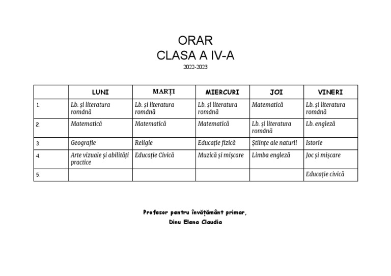 ORAR Clasa A IV-a 2022-2023 | PDF