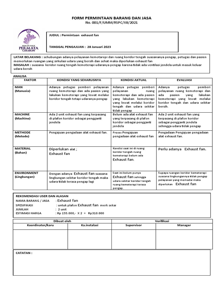 analisa Permintaan exaust fan ruang kemoterapi | PDF