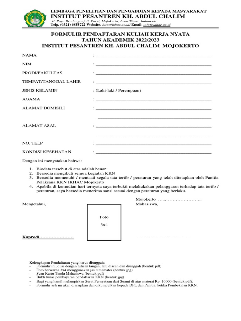 Formulir Pendaftaran Kkn 2023 Pdf