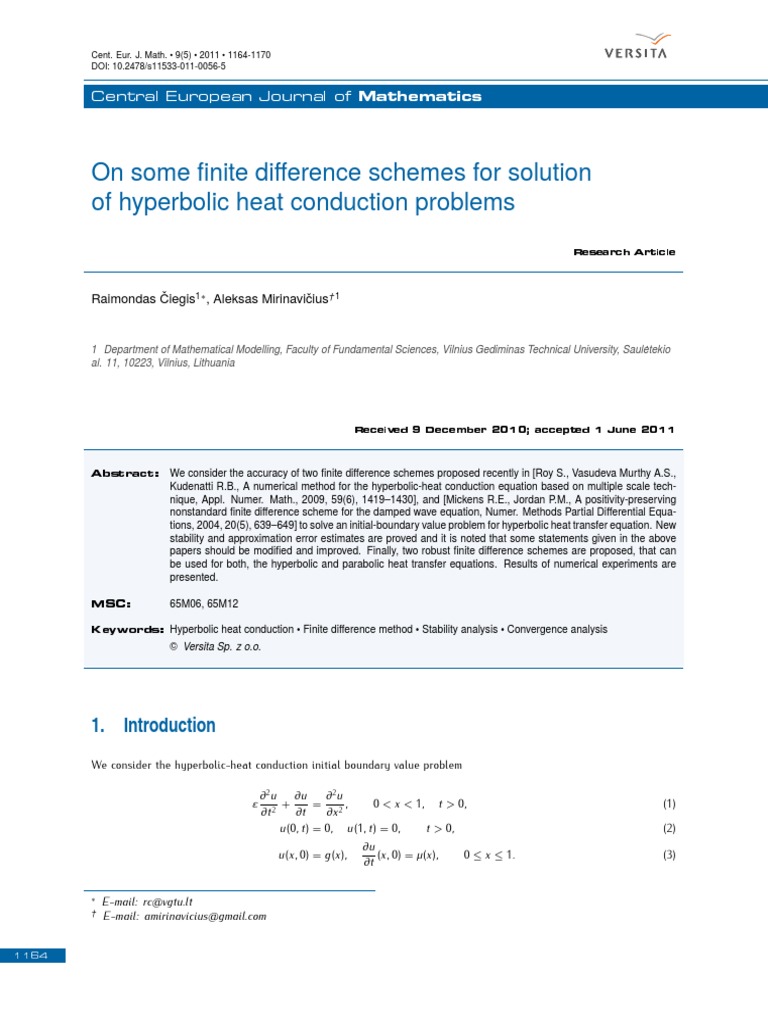 On Some Finite Difference Schemes For Solution Of Hyperbolic Heat Conduction Problems Pdf