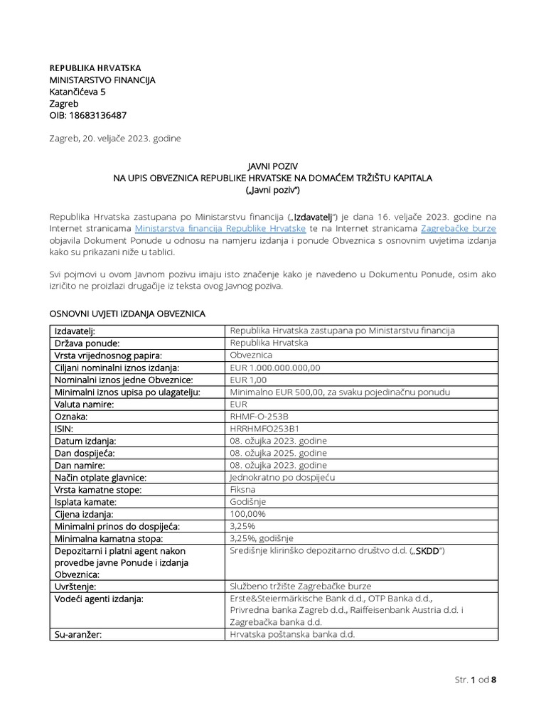 Javni Poziv Na Upis Obveznica Republike Hrvatske | PDF