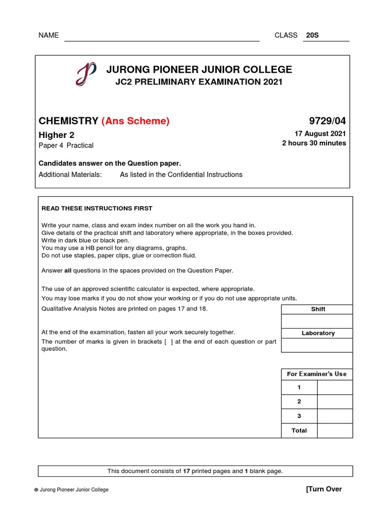 H2 Chemistry P4 Answer Scheme | PDF | Chemistry | Titration