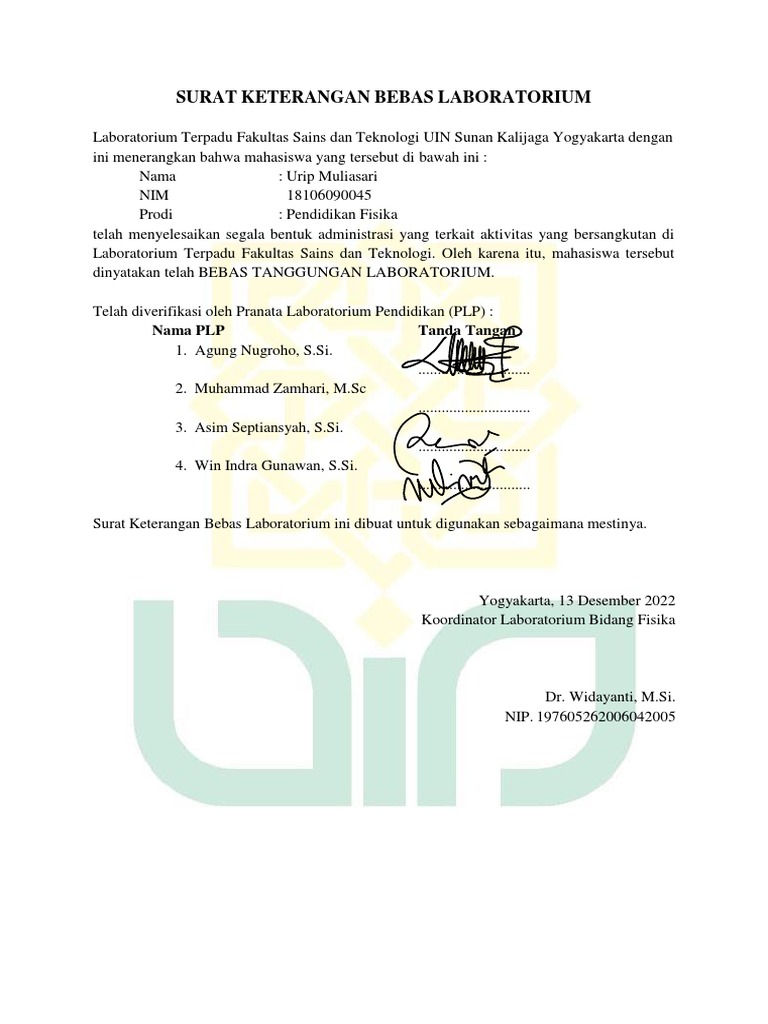 Surat Bebas Lab-Urip Muliasari-1 | PDF
