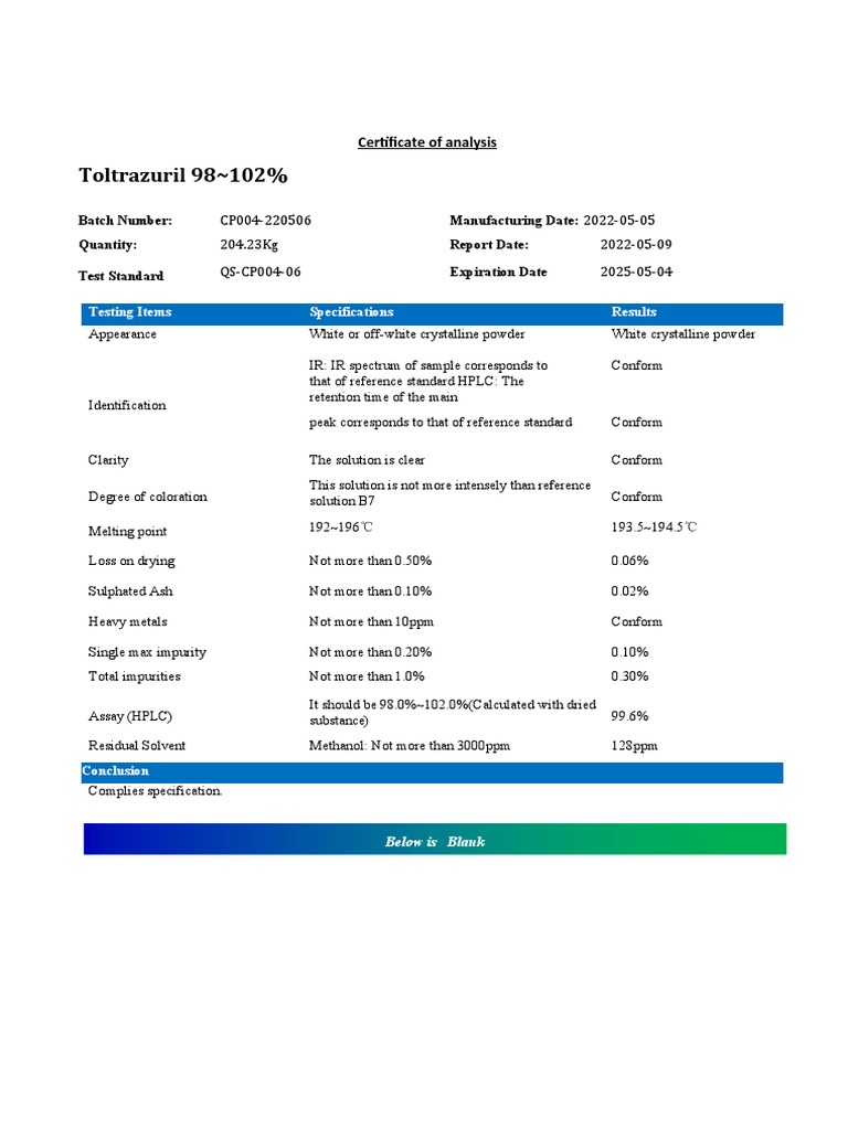 SNC - COA - Toltrazuril 98 - 102% | PDF