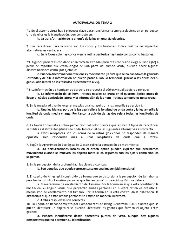 Autoevaluación Tema 2 | PDF | Percepción | Percepción visual