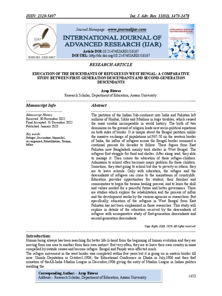 Education of The Descendants of Refugees in West Bengal: A Comparative ...