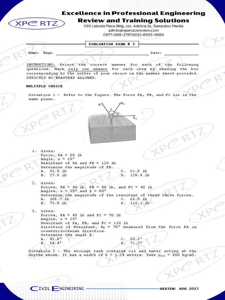 Engineering Evaluation Exam #2: Multiple Choice Questions on Statics ...